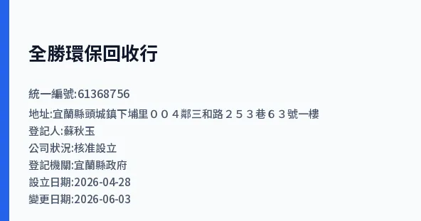 全勝環保回收行的照片-統編 61368756(宜蘭縣) 公司登記資料與營業項目詳細圖表