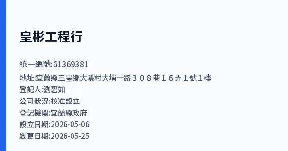 皇彬工程行的照片-統編 61369381(宜蘭縣) 公司登記資料與營業項目詳細圖表