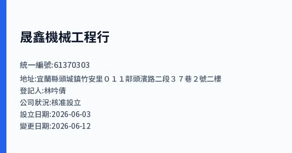 晟鑫機械工程行的照片-統編 61370303(宜蘭縣) 公司登記資料與營業項目詳細圖表
