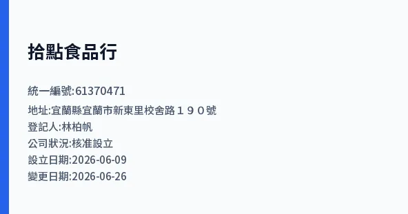 拾點食品行的照片-統編 61370471(宜蘭縣) 公司登記資料與營業項目詳細圖表