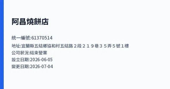 阿昌燒餅店的照片-統編 61370514(宜蘭縣) 公司登記資料與營業項目詳細圖表