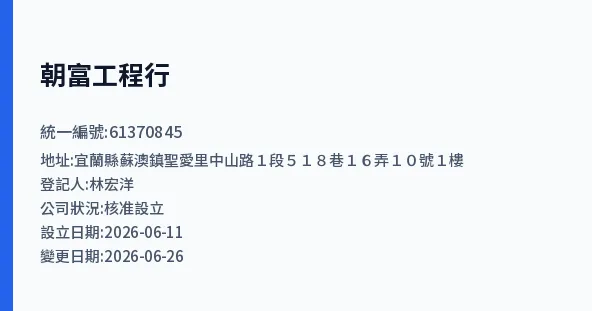 朝富工程行的照片-統編 61370845(宜蘭縣) 公司登記資料與營業項目詳細圖表