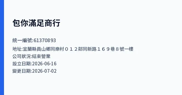 包你滿足商行的照片-統編 61370893(宜蘭縣) 公司登記資料與營業項目詳細圖表