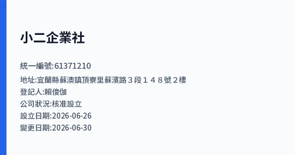 小二企業社的照片-統編 61371210(宜蘭縣) 公司登記資料與營業項目詳細圖表