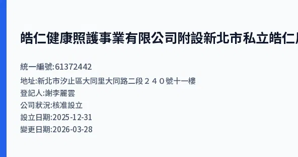 皓仁健康照護事業有限公司附設新北市私立皓仁居家式服務類長期照顧服務機構的照片-統編 61372442(新北市) 公司登記資料與營業項目詳細圖表