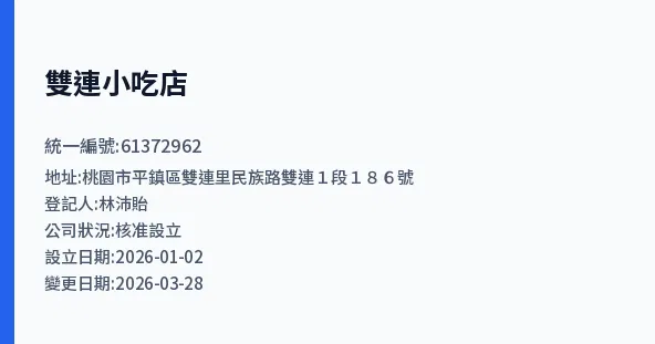 雙連小吃店的照片-統編 61372962(桃園市) 公司登記資料與營業項目詳細圖表
