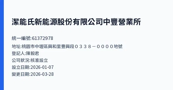潔能氏新能源股份有限公司中豐營業所的照片-統編 61372978(桃園市) 公司登記資料與營業項目詳細圖表