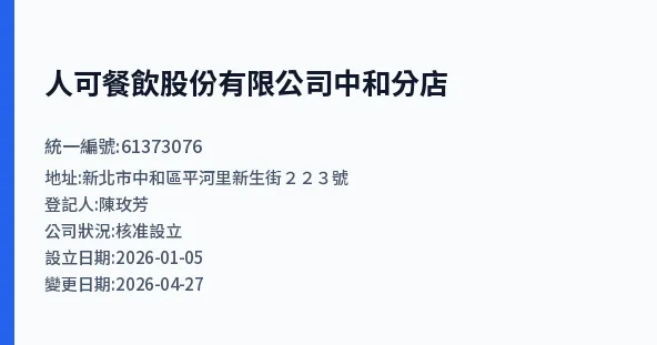 人可餐飲股份有限公司中和分店的照片-統編 61373076(新北市) 公司登記資料與營業項目詳細圖表