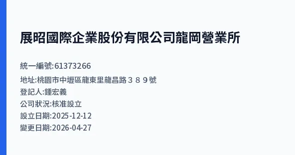 展昭國際企業股份有限公司龍岡營業所的照片-統編 61373266(桃園市) 公司登記資料與營業項目詳細圖表
