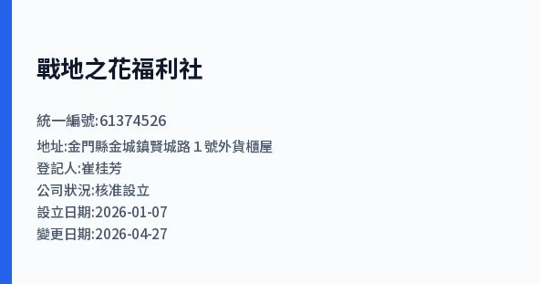 戰地之花福利社的照片-統編 61374526(金門縣) 公司登記資料與營業項目詳細圖表