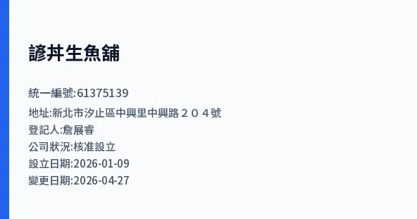 諺丼生魚舖的照片-統編 61375139(新北市) 公司登記資料與營業項目詳細圖表