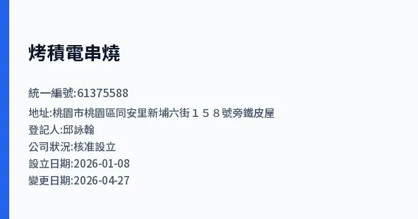 烤積電串燒的照片-統編 61375588(桃園市) 公司登記資料與營業項目詳細圖表