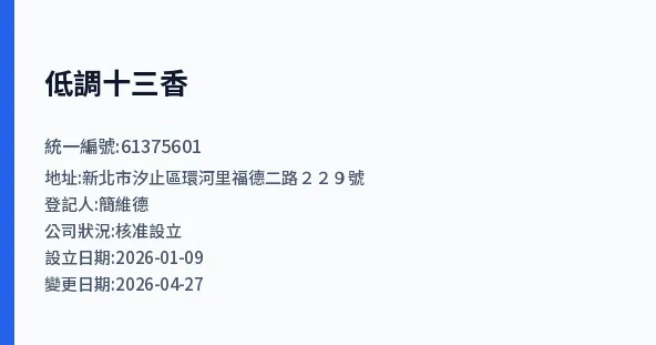 低調十三香的照片-統編 61375601(新北市) 公司登記資料與營業項目詳細圖表