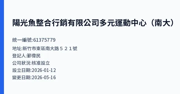 陽光魚整合行銷有限公司多元運動中心(南大)的照片-統編 61375779(新竹市) 公司登記資料與營業項目詳細圖表