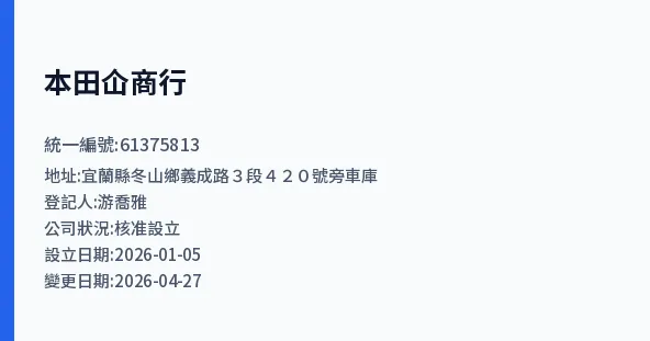 本田仚商行的照片-統編 61375813(宜蘭縣) 公司登記資料與營業項目詳細圖表