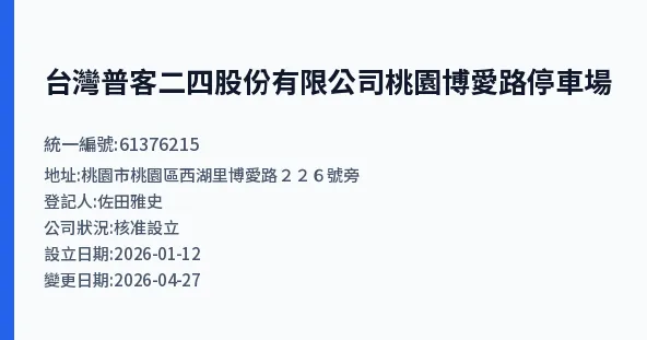 台灣普客二四股份有限公司桃園博愛路停車場的照片-統編 61376215(桃園市) 公司登記資料與營業項目詳細圖表