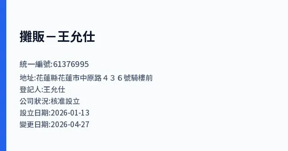 攤販-王允仕的照片-統編 61376995(花蓮縣) 公司登記資料與營業項目詳細圖表