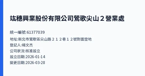 竑穗興業股份有限公司鶯歌尖山2營業處的照片-統編 61377039(新北市) 公司登記資料與營業項目詳細圖表