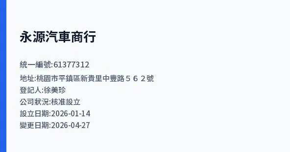 永源汽車商行的照片-統編 61377312(桃園市) 公司登記資料與營業項目詳細圖表