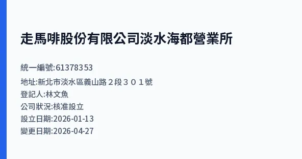 走馬啡股份有限公司淡水海都營業所的照片-統編 61378353(新北市) 公司登記資料與營業項目詳細圖表