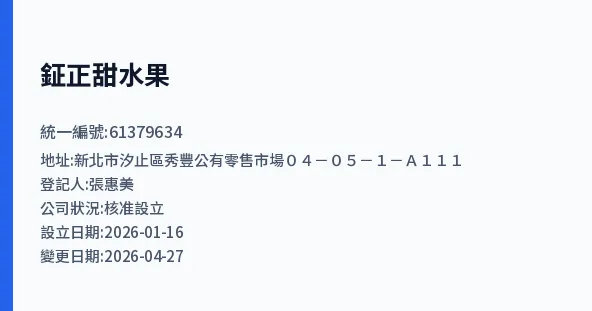 鉦正甜水果的照片-統編 61379634(新北市) 公司登記資料與營業項目詳細圖表