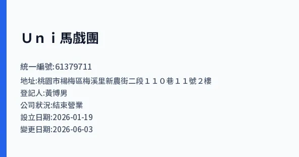 Uni馬戲團的照片-統編 61379711(桃園市) 公司登記資料與營業項目詳細圖表