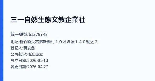 三一自然生態文教企業社的照片-統編 61379748(新竹縣) 公司登記資料與營業項目詳細圖表
