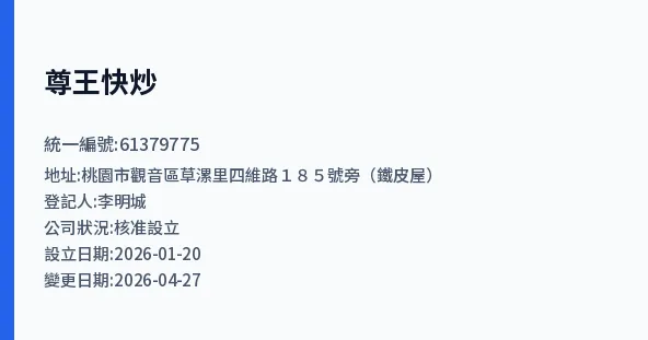 尊王快炒的照片-統編 61379775(桃園市) 公司登記資料與營業項目詳細圖表