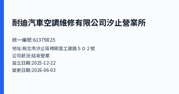 耐迪汽車空調維修有限公司汐止營業所的照片-統編 61379825(新北市) 公司登記資料與營業項目詳細圖表