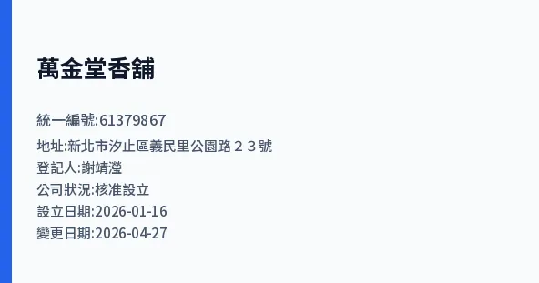 萬金堂香舖的照片-統編 61379867(新北市) 公司登記資料與營業項目詳細圖表