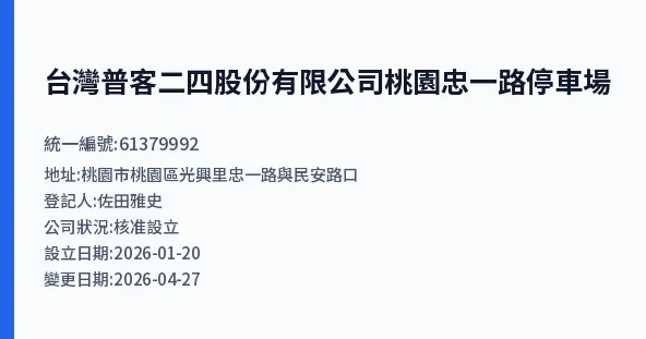 台灣普客二四股份有限公司桃園忠一路停車場的照片-統編 61379992(桃園市) 公司登記資料與營業項目詳細圖表