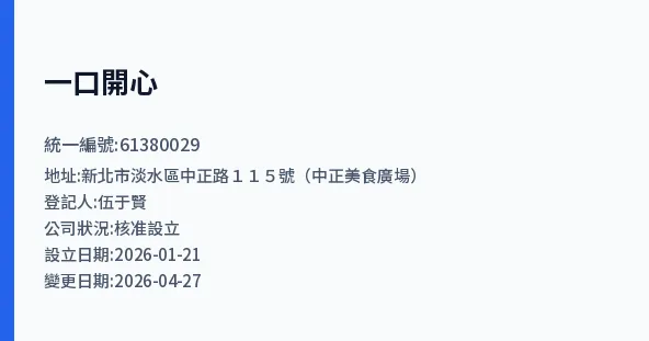 一口開心的照片-統編 61380029(新北市) 公司登記資料與營業項目詳細圖表