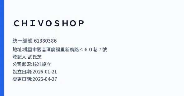CHIVOSHOP的照片-統編 61380386(桃園市) 公司登記資料與營業項目詳細圖表
