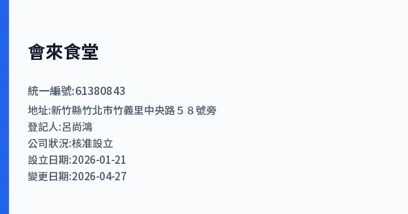 會來食堂的照片-統編 61380843(新竹縣) 公司登記資料與營業項目詳細圖表