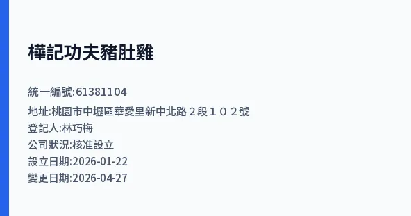 樺記功夫豬肚雞的照片-統編 61381104(桃園市) 公司登記資料與營業項目詳細圖表