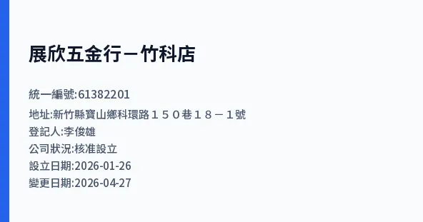展欣五金行-竹科店的照片-統編 61382201(新竹縣) 公司登記資料與營業項目詳細圖表