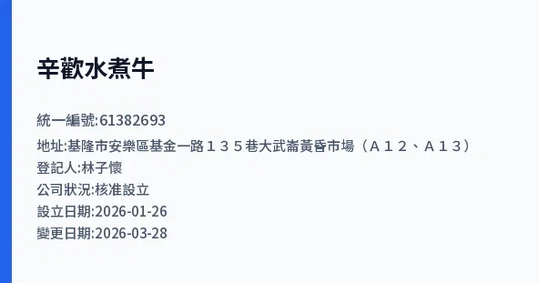 辛歡水煮牛的照片-統編 61382693(基隆市) 公司登記資料與營業項目詳細圖表