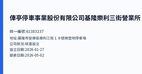 俥亭停車事業股份有限公司基隆樂利三街營業所的照片-統編 61383237(基隆市) 公司登記資料與營業項目詳細圖表