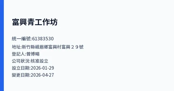富興青工作坊的照片-統編 61383530(新竹縣) 公司登記資料與營業項目詳細圖表