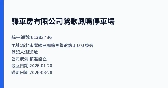 驛車房有限公司鶯歌鳳鳴停車場的照片-統編 61383736(新北市) 公司登記資料與營業項目詳細圖表