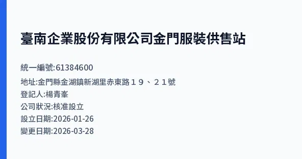 臺南企業股份有限公司金門服裝供售站的照片-統編 61384600(金門縣) 公司登記資料與營業項目詳細圖表
