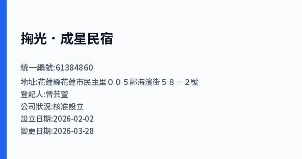 掬光.成星民宿的照片-統編 61384860(花蓮縣) 公司登記資料與營業項目詳細圖表