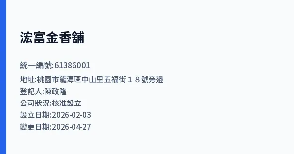 浤富金香舖的照片-統編 61386001(桃園市) 公司登記資料與營業項目詳細圖表