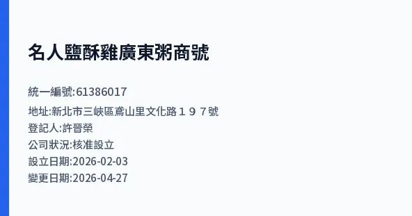 名人鹽酥雞廣東粥商號的照片-統編 61386017(新北市) 公司登記資料與營業項目詳細圖表