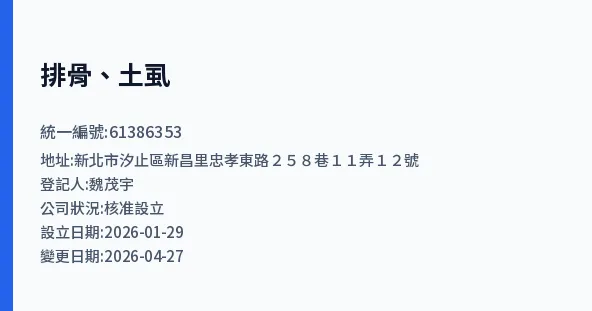 排骨、土虱的照片-統編 61386353(新北市) 公司登記資料與營業項目詳細圖表