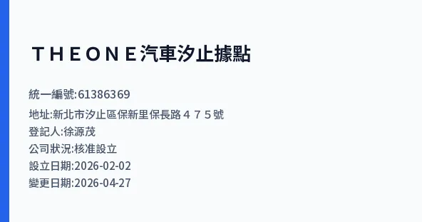 THE ONE汽車汐止據點的照片-統編 61386369(新北市) 公司登記資料與營業項目詳細圖表