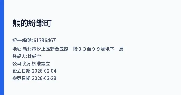 熊的紛樂町的照片-統編 61386467(新北市) 公司登記資料與營業項目詳細圖表