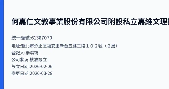 何嘉仁文教事業股份有限公司附設私立嘉維文理技藝短期補習班的照片-統編 61387070(新北市) 公司登記資料與營業項目詳細圖表