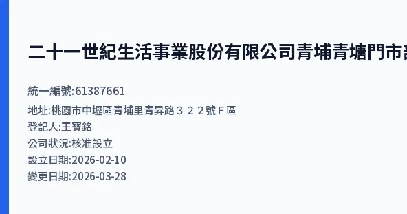 二十一世紀生活事業股份有限公司青埔青塘門市部的照片-統編 61387661(桃園市) 公司登記資料與營業項目詳細圖表