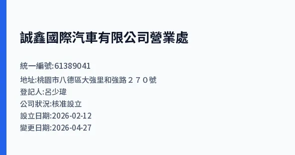 誠鑫國際汽車有限公司營業處的照片-統編 61389041(桃園市) 公司登記資料與營業項目詳細圖表